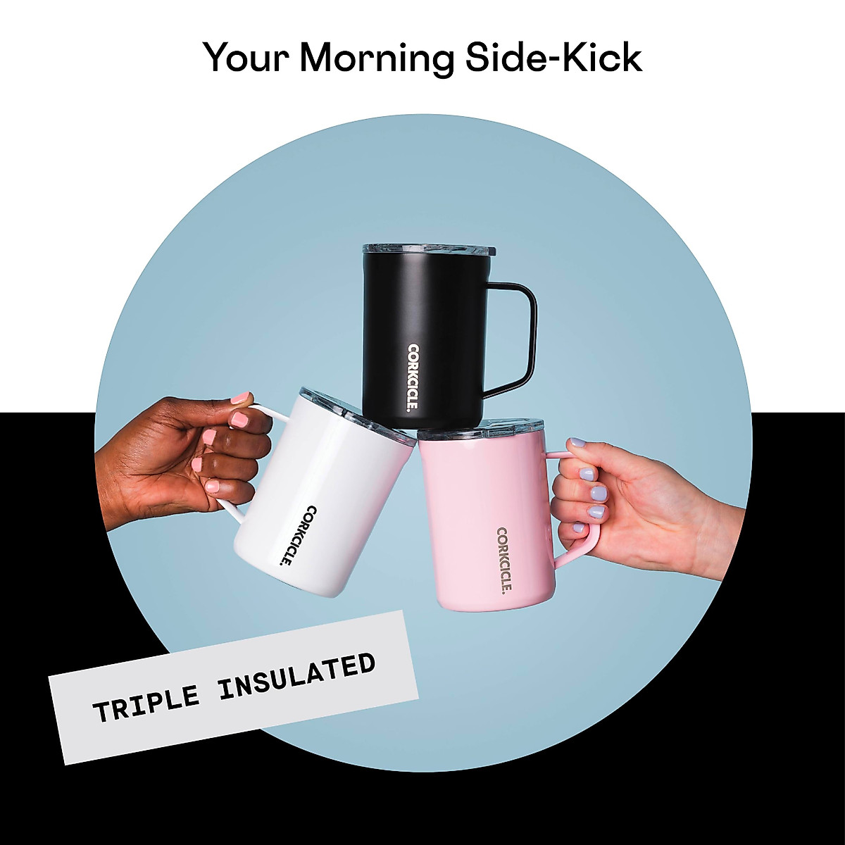 Corkcicle Triple Insulated Coffee Mug with Lid and Handle, Black, 16 oz – Stainless Steel Travel Mug Keeps Beverages Hot for 3+ Hours – Non-Slip, Easy-Grip, Spill-Resistant Tumbler