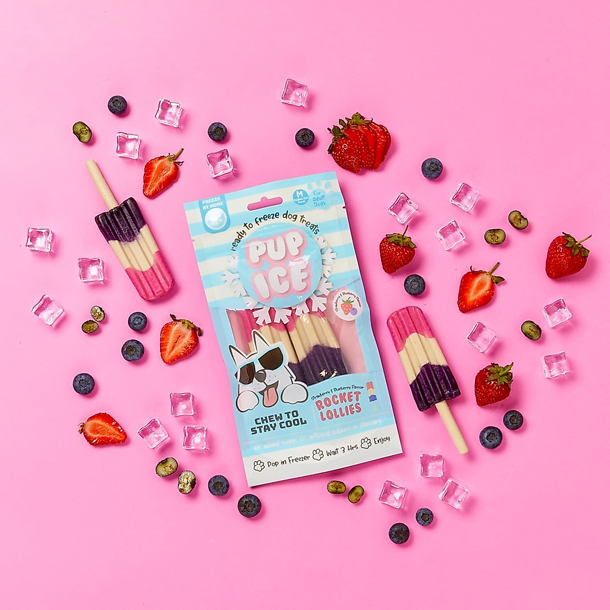 SPOT Pup Ice Ready to Freeze at Home Dog Treats-Edible Chews for Medium Breed Dogs & Puppies with Real Chicken | 3 Pack Bundle Edible Dog Treats (Strawberry, Chocolate & Banana) 6 Psc