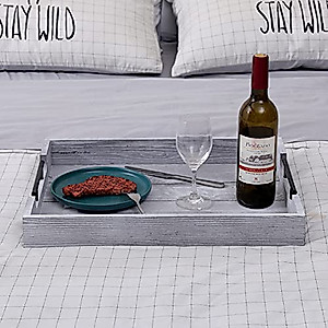 LONGNENG Wood Serving Tray Rectangle Gray Tray with Handles,Decorative Trays,Rustic Ottoman Tray for Living Room with Two Iron Handles