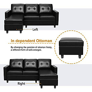 HONBAY Faux Leather Sectional Sofa Convertible L Shape Couch for Small Space, Black