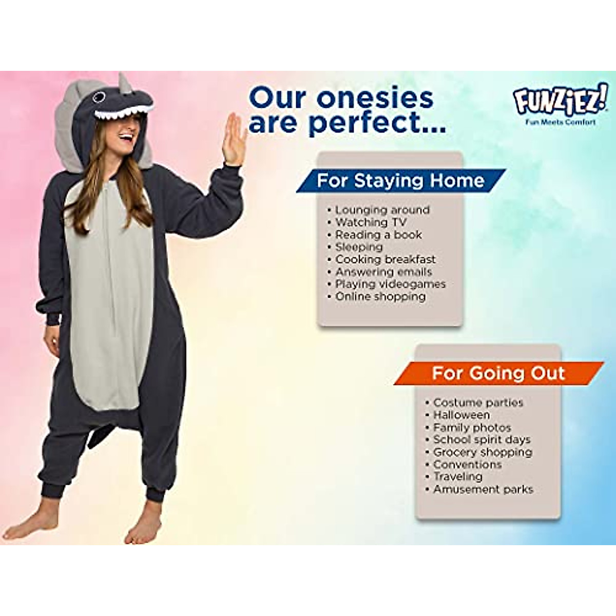 FUNZIEZ! Adult Triceratops Costume - Plush One Piece Dinosaur Costume - One Piece Pajamas(Grey, Large)