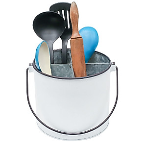 Bedding Craft Vintage Farmhouse Utensil Holder - Stylish Countertop Organizer and Kitchen Decor Caddy - Galvanized Bucket for Outdoor Utensils - White Finish