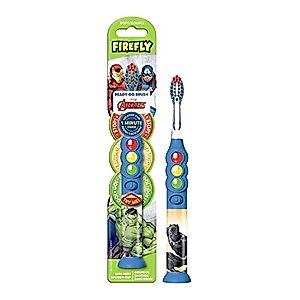 Firefly Ready Go Light Up Timer Toothbrush, Avengers, Premium Soft Bristles, 1 Minute Timer, Less Mess Suction Cup, Battery Included, Easy Storage, Dentist Recommended, For Ages 3+(Character May Vary)