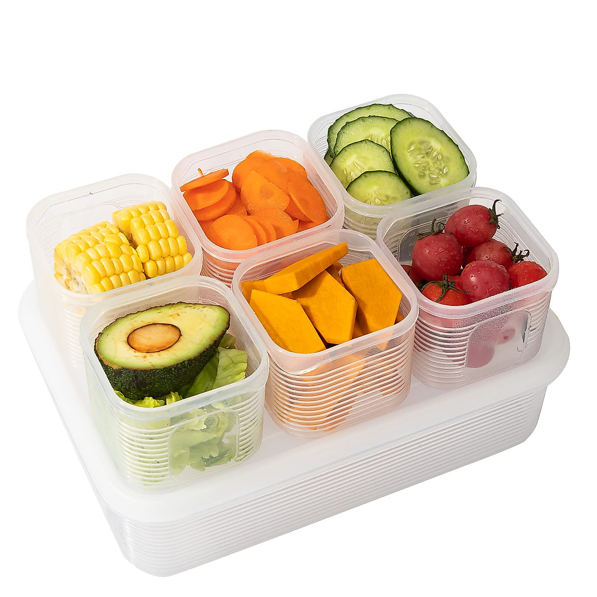 Sel natural Food Storage Containers with Lids Airtight,Plastic Reusable Fresh Produce Fruit Storage Organizer Storage Bin with 6 detachable small boxes for Storing Fish, Meat, Vegetables