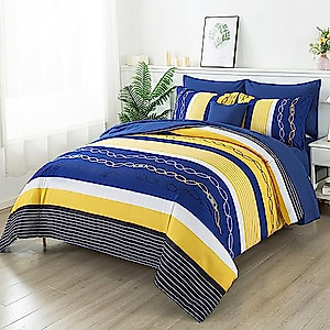 8 Pieces Bed in a Bag Stripe Comforter Set Queen Size,Patchwork Striped Comforter with Sheets Set Soft Microfiber Boho Bedding Sets (Yellow Blue)