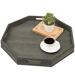 MyGift Vintage Gray Wood Decorative Tray, Geometric Octagon Shaped Coffee Table Serving Tray with Cutout Handles