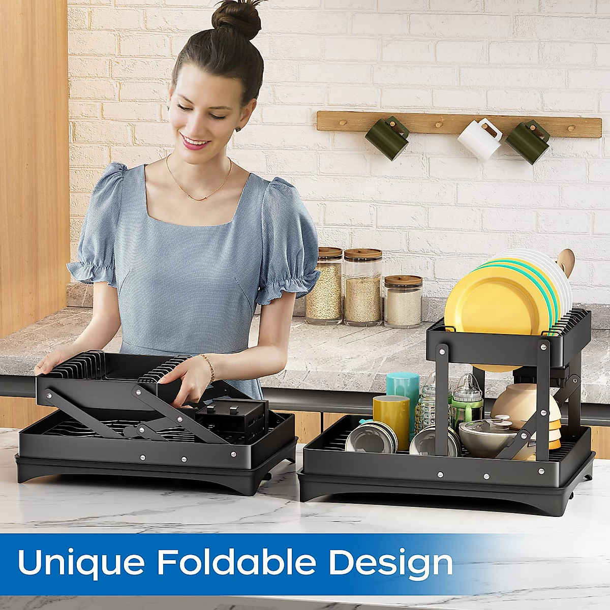 PXRACK Dish Drying Rack,Stainless Steel Dish Racks for Kitchen Counter Two Tier Collapsible Dish Racks for Storage Dishes Foldable Dish Drainer with Utensil Holder Organizer Dryer with Drainboard