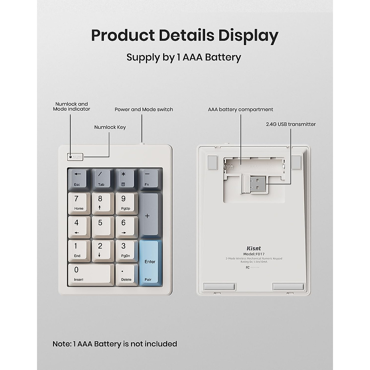 Kisnt Wireless Mechanical Number Pad, Bluetooth 5.0&2.4G Wireless Dual Mode Hot Swappable Numeric Keypad,17 Keys Gasket Numpad, Ten-Key with PBT Keycaps for Laptop/PC/TKL Keyboards(Linear Switch)