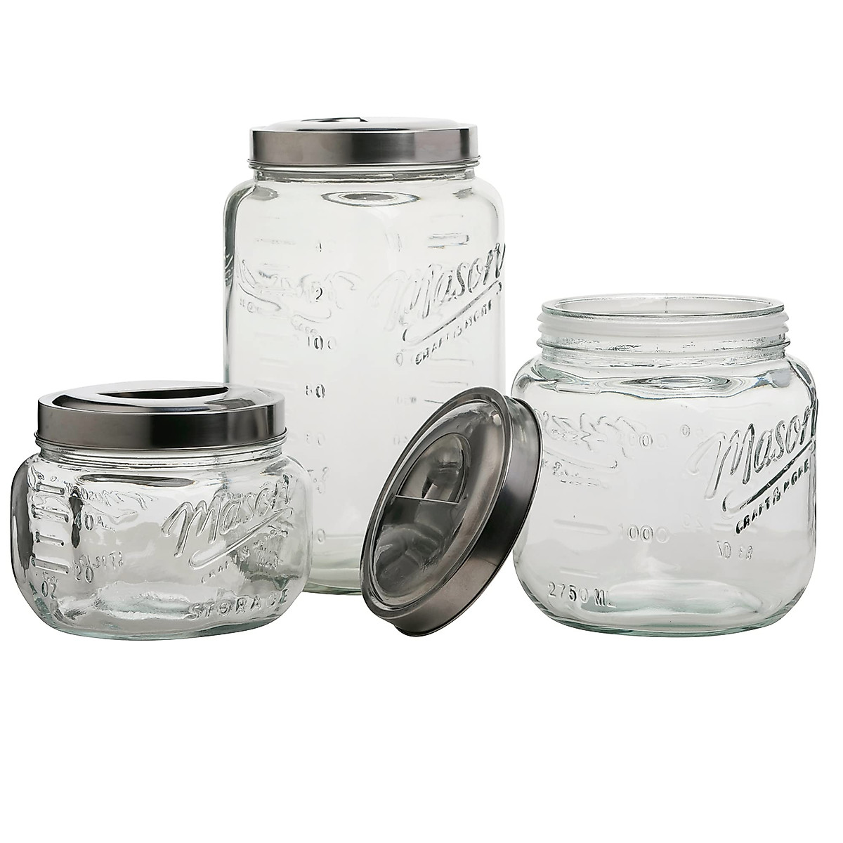 Mason Craft & More Airtight Kitchen Food Storage Clear Glass Pop Up Lid Canister, 3 Piece Pop Up Graduated Canister Set (1.6L, 2.75L, and 4.6L)