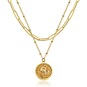 MEVECCO Gold Birth Flower Coin Necklace for Women Paperclip Chain Choker Layered Set Embossed Disc March Daffodil Pendent 18K Gold Plated Dainty Satellite Chain Birthday Jewelry for Her