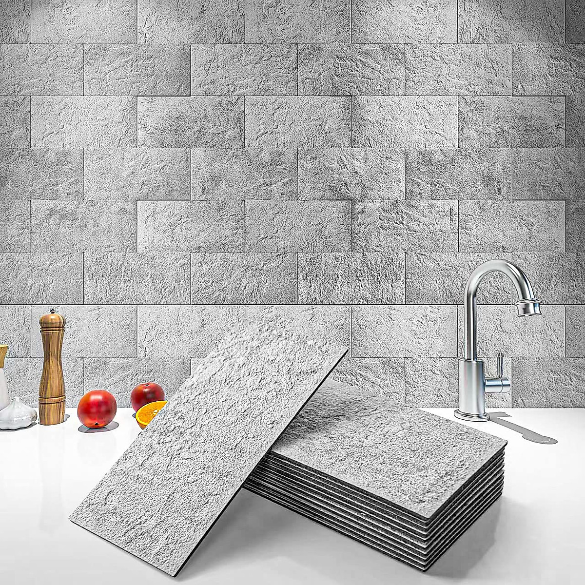 Art3d 4-Piece Backsplash Tile Peel and Stick for Stove Kitchen Bathroom Fireplace, 3in. × 6in. Stick on Subway Tile Natural Stone White
