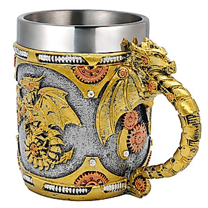alikiki Medieval Steampunk Dragon Mug - 15.8oz Renaissance Mechanical Dragons Beer Stein Tankard Stainless Coffee Cup Father Day Gift Mug for Dragon Collector Lovers Themed Party Decoration