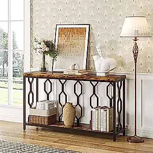 LITTLE TREE Console 55 Inches Vintage Wood Long Sofa 2 Tiers Storage Narrow Entryway Hallway Table, Brown