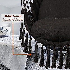 Ciouper Hammock Chair Hanging Rope Swing with Stylish Tassels - Max 500 Lbs - 2 Cushions Included - Heavy-Duty Steel Spreader Bar with Anti-Slip Rings - for Any Indoor or Outdoor Spaces (Grey)