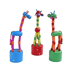 Finger Puppets, Wooden Cute Colorful Cartoon Puppets, Swing Dancing Body collapsing Desktop Toys for Kids Toddlers (3 Giraffes)