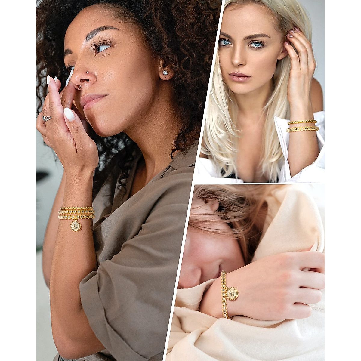 adoyi Gold Bracelets for Women, Gold Chain Bracelet Sets 14K Gold Initial Beaded Bracelets Adjustable Stretch Stackable Layered M Bracelet Set for Women Teen Girls Jewelry Gifts