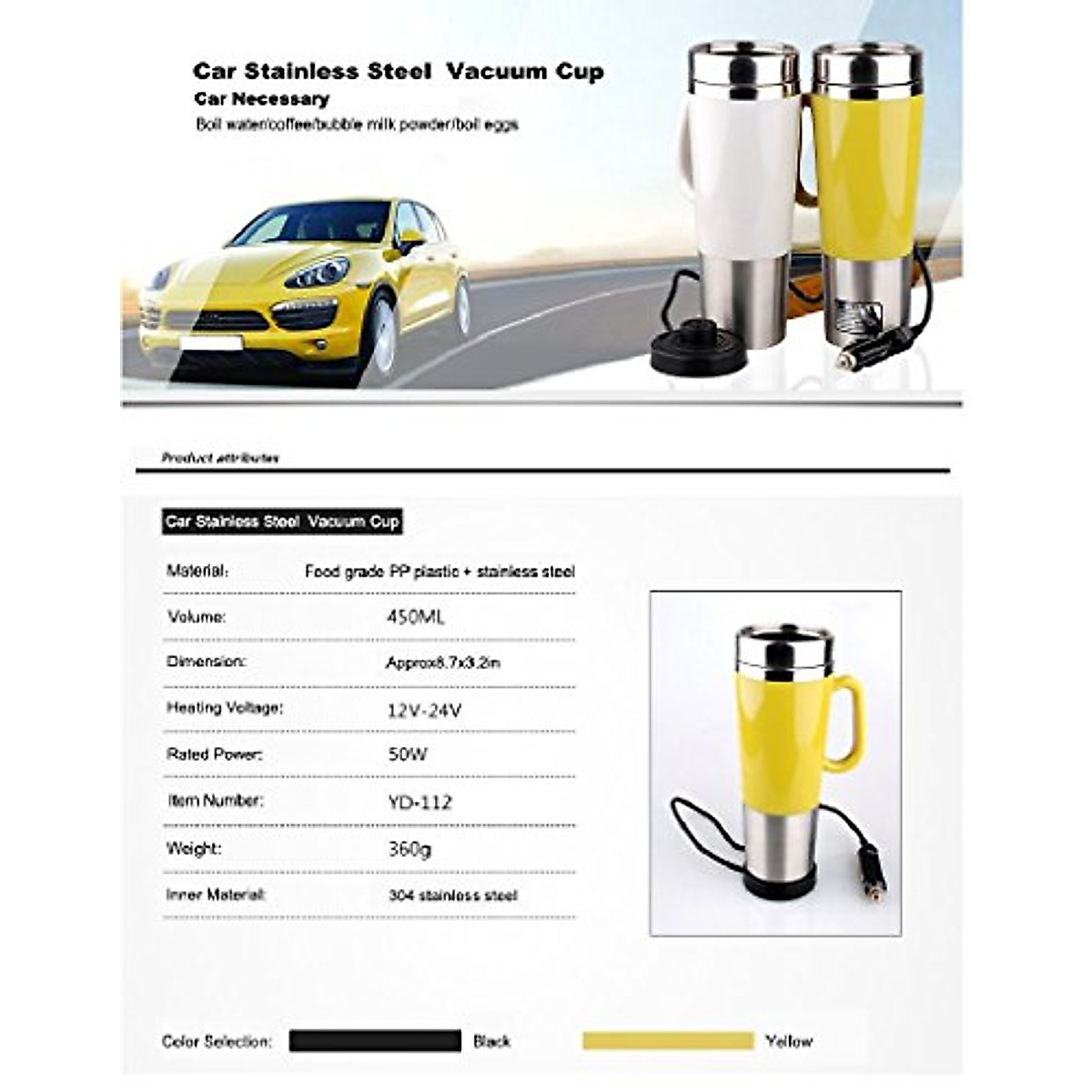 ANKOMINA 450ml Vacuum Insulated Stainless Steel Travel Mug Car Cup with Charger Car Boiling Mug Electric Kettle Boiling Vehicle Thermos DC12V Heating Cup