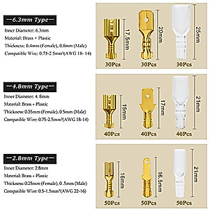FIXITOK 480pcs Quick Splice 2.8/4.8/6.3mm Male Female Wire Spade Connector Wire Crimp Terminal Block with Insulating Sleeve Assortment Kit for Electrical Wiring Car Audio Speaker (Golden)