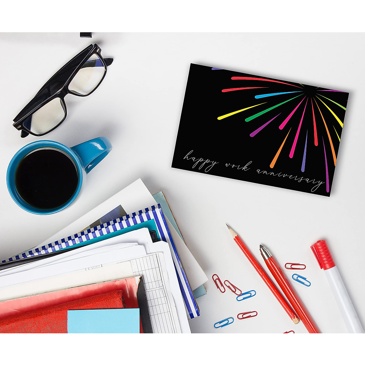 Better Office Products 36 Pack Work Anniversary Cards with Envelopes, Business Employee Appreciation Cards, Bulk Set, 4 x 6 Inch, 6 Fireworks Cover Designs,