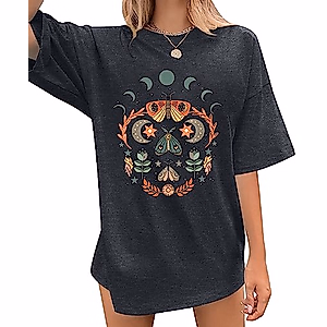 Oversized Boho Shirts Women Vintage Flower Shirt Moon Moth Flower Butterfly Floral Print T-Shirt Funny Wildflower Shirt