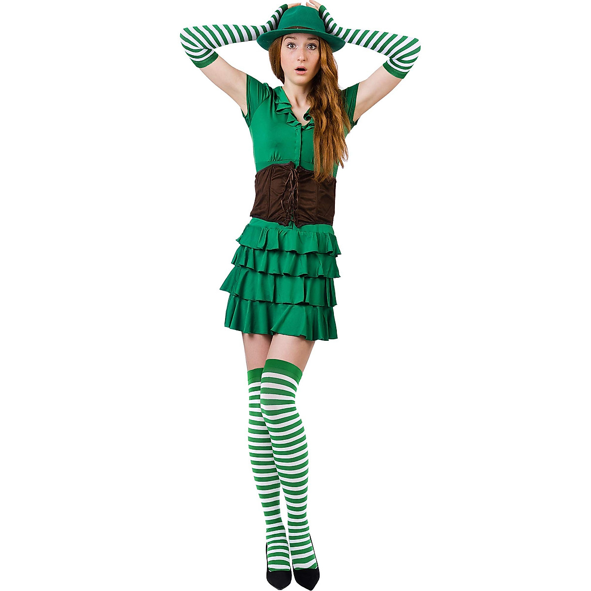 Blulu St Patrick's Day Knee High Socks Green Striped Fingerless Gloves Irish Arm Warmers