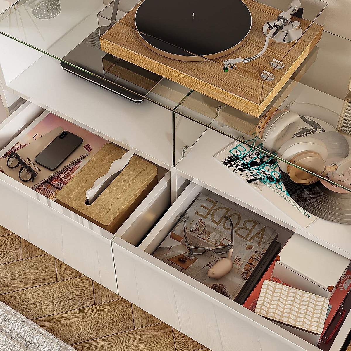 FAMAPY Modern TV Console Table with Lights & Glass Shelves, High Gloss TV Cabinet Media Console with Drawers and Doors, for Living Room White (66.9”W x 15.7”D x 17”H)