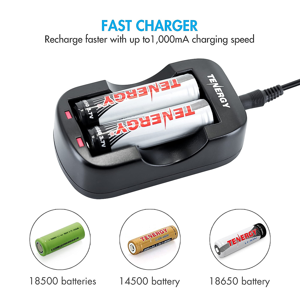 Tenergy TN269 2-Channel Li-ion 18650 18500 14500 Fast Battery Charger, 1A Charging Rate