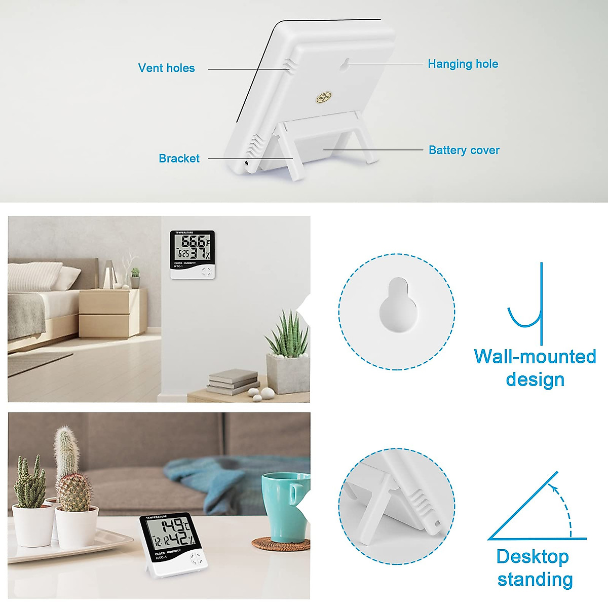 Digital Thermometer Hygrometer, Tuecota Temperature Humidity Monitor with Max/Min Record Function, Indoor Thermometer Humidity Gauge for Living Room, Warehouse, Baby Room, Office, Garden