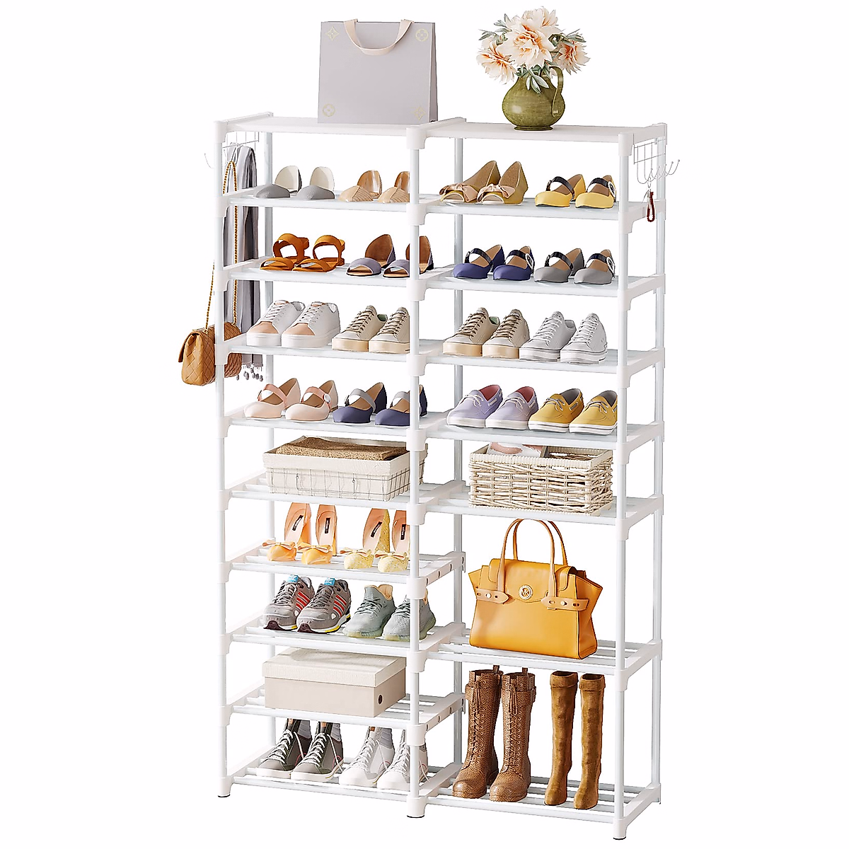Tribesigns Shoe Rack, 10 Tiers Shoe Stand - Stores 36-44 Pairs, Closet Organizer with Boot Rack and 2 Hooks