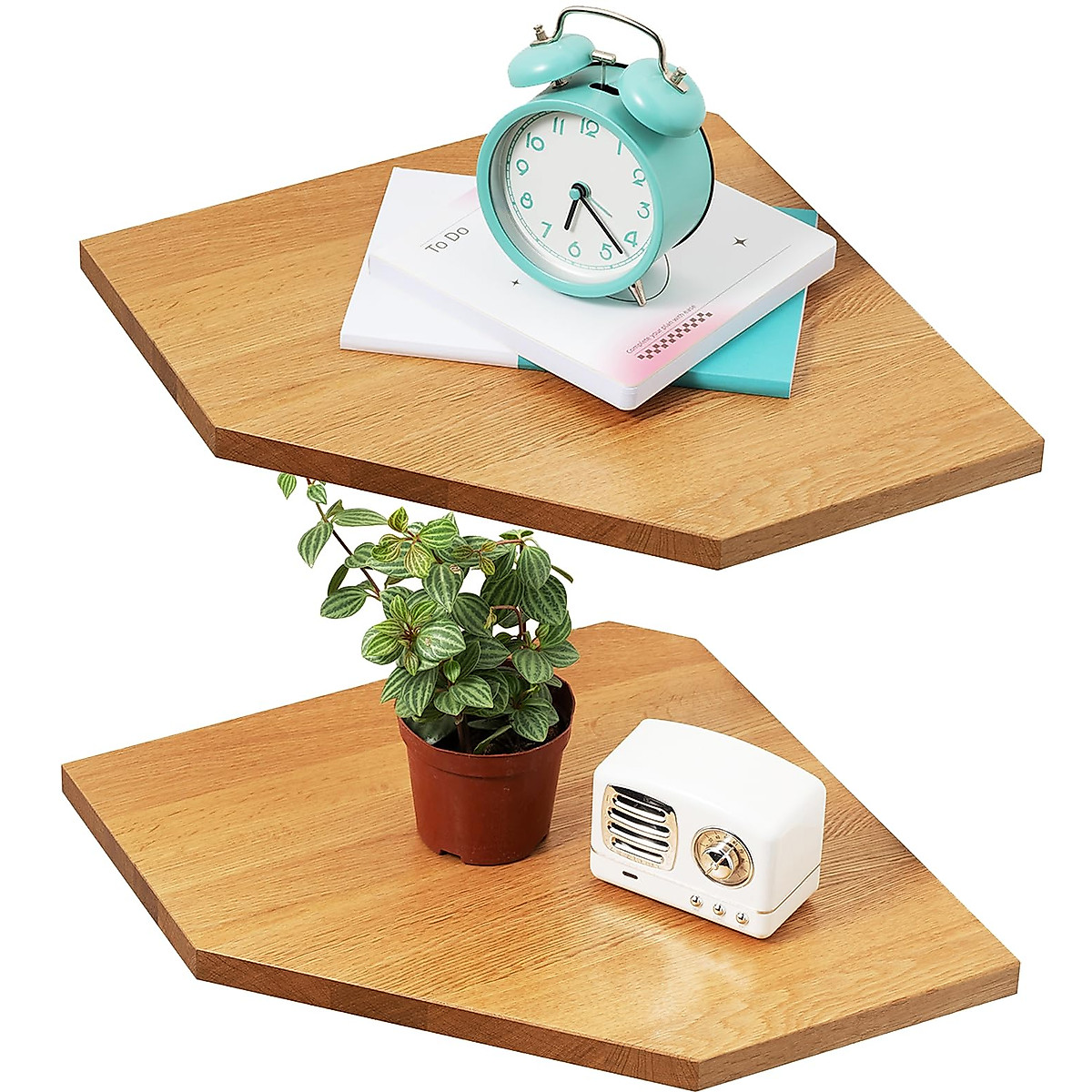 Corner Wall Shelf, Corner Floating Shelves Set of 2 Solid Oak Wood Corner Shelves Wall Mount Display Shelf with Wire Hole Small Plant Display for Kitchen Living Room Bedroom