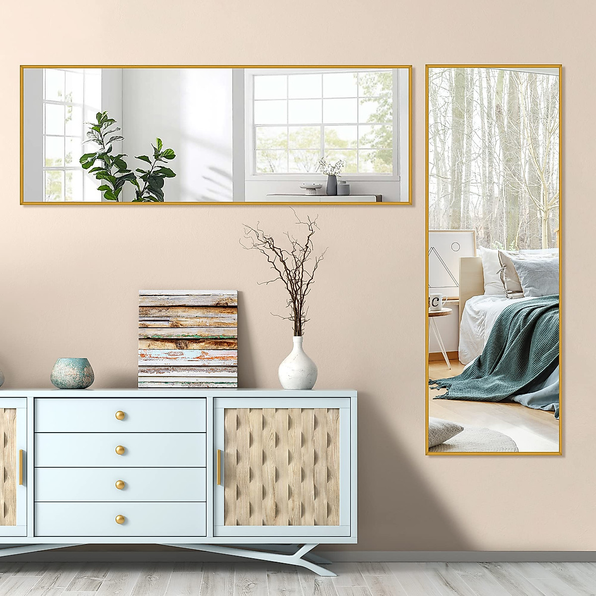 NicBex 64 x 21 Inch Full Length Mirror, Aluminum Alloy Frame Large Wall Mirror, Vanity Mirror, Bedroom Mirror, Dressing Mirror, Living Room Mirror, Gold, with Stand