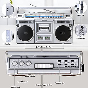 Retro Boombox Cassette Player AM/FM Shortwave Radio, Portable Cassette Tape Player Recorder, Wireless Streaming, USB/Micro SD Slots Guitar/Aux in, Convert Cassettes to USB Classic 80s Style (Silver-S)