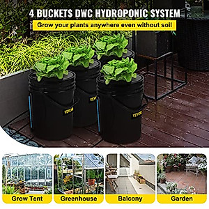 VEVOR 4 Buckets DWC Hydroponic System, 5 Gallon, Deep Culture, Plants Grow Kit with Pump, Air Stone and Water Level Device, for Indoor/Outdoor Leafy Vegetables, Black
