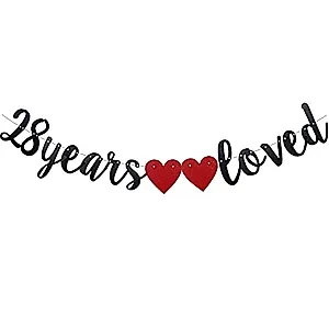 28 Years Loved Banner Black Paper Glitter Party Decorations For 28TH Birthday Decorations 28TH Wedding Anniversary Day Party Supplies Letters Black ZHAOFEIHN