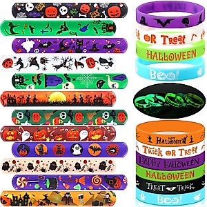 Seajan 48 Pcs Halloween Bracelets Set Party Favors 24 Luminous Silicone Bracelet Wristbands and 24 Halloween Slap Bracelets for Glow in the Dark Gifts Halloween Goodie Bag Stuffers Supplies