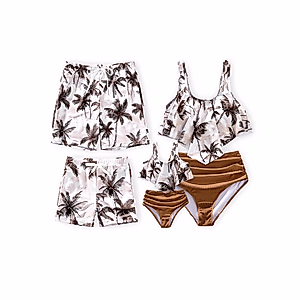 PATPAT Matching Family Swimsuits Tropical Two Piece Mommy and Me Bathing Suits Hawaiian Palm Leaf Brown Coconut Print Beach Vacation Matching Swimsuits for Couples Bikini Beachwear Sets for Women L