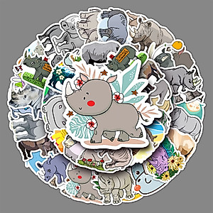 Cute Rhino Stickers,Cartoon 50 PCS Funny Rhinoceros Animal Vinyl Stickers,Laptops Water Bottles Computer Skateboard Journal Sticker Decals for Kids Teens Girls