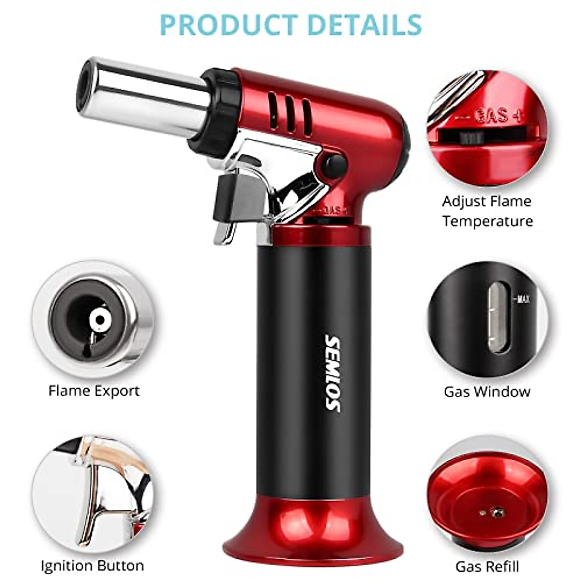 Semlos Butane Torch with Fuel Gauge, Refillable Cooking Torch Lighter, One-handed Operation Blow Torch with Safety Lock and Adjustable Flame, Fit All Butane Tanks Kitchen Torch for Creme Brûlée, BBQ