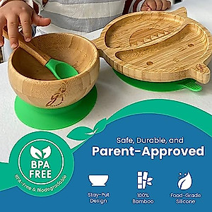 Greenway World - Baby Suction Bowls and Plates Set, Bamboo Plates for Kids with Suction Bowls for Baby and Silicone-Covered Wooden Spoons for Eating, Portable Baby Eating Supplies, Shark Design