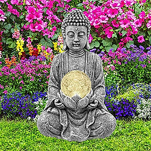 Nacome Meditating Buddha Statue with Solar Light,Zen Solar Garden Buddha with Cracked Glass Ball Sculpture-Indoor/Outdoor Decor for Balcony,Garden,Patio,Porch Yard Art Ornament,Gift