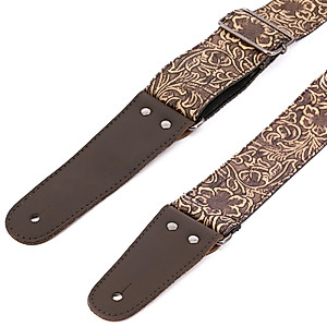 Anwenk Guitar Strap, Stamped Leather Guitar Strap PU Leather Western Vintage 60's Retro Guitar Strap with Genuine Leather Ends for Electric Bass Guitar, with Tie,Include 2 Picks,Bronze