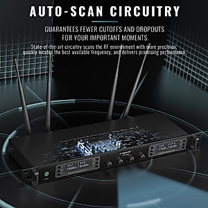 Phenyx Pro Wireless Microphone System, Quad Channel Wireless Mic, w/ 4x40 Channels, 4 Handheld Dynamic Microphones,Auto Scan, Long Distance 328ft, Microphone for Singing, Church, Karaoke (PTU-7000A)