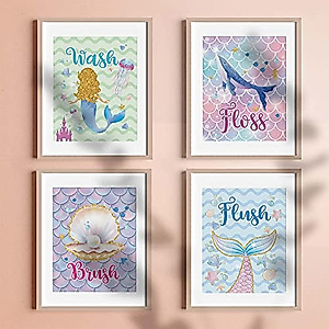 FALJIOK Mermaid Decor, Mermaid Bathroom Wall Art Decors, Ocean Wash Brush Floss Flush Kids Girls Bathroom Under the Sea Rules Wall Signs, Set of 4(8”X10”) Unframed