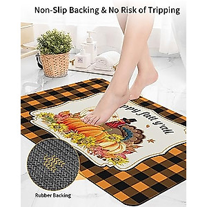 Bathroom Floor Shower Mat, Non-Slip Small Rugs - Easy to Clean, Thanksgiving Turkey Fall Pumpkin and Sunflowers Durable Bath Rug 18"x30" Washable Quick Dry Diatomaceous Earth Mats for Bathtubs