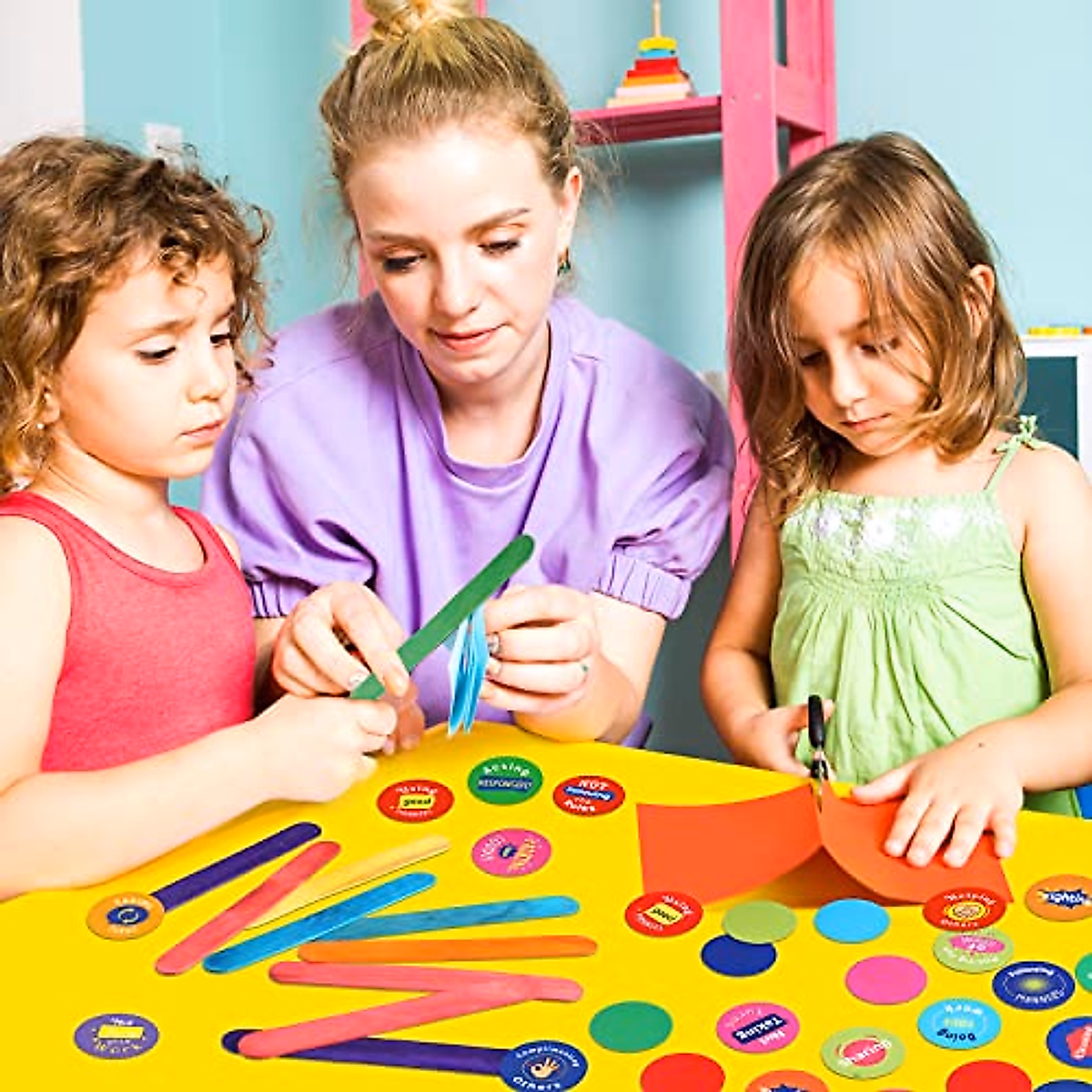 122 Pcs Good Behaviour Buckets Classroom Educational Supplies Include 60 Educational Classroom Movement Cards 60 Wooden Sticks and 2 Pcs Plastic Cup with Adhesive Social Emotional Toy for Kids