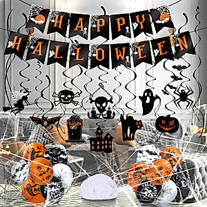 Halloween Party Hanging Decorations Kit- Halloween Hanging Swirl, Halloween Banner, Halloween Balloons with Halloween Spider Web Stretchable Cobweb for Halloween Indoor Outdoor Decoration