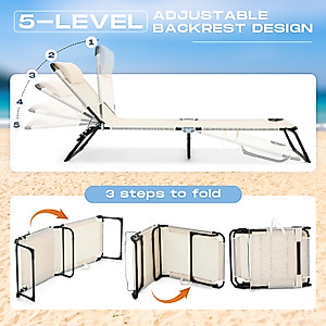 Suzile 2 Pack Folding Chaise Lounge Chairs Outdoor Adjustable Beach Tanning Chair with 5 Position Reclining Back Detachable Pillow Breathable Mesh Sun Lounger for Beach Pool Yard Camping(Beige)