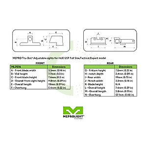 MEPRO Tru-Dot Adjustable Night tritium Sights Compatible with HK USP Full Size Tactical Expert Model Green tritium dots Glow on Sight self Illuminated Meprolight Fixed Metal Sights