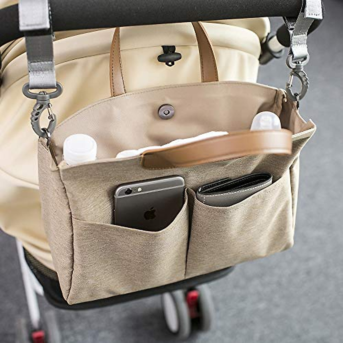 Baby Diaper Caddy Bag - Diaper Caddy Tote Baby Stroller Bag Nursery Storage Bin for Diapers, Wipes & Toys Mini Diaper Bag With Stroller Hooks (Beige)