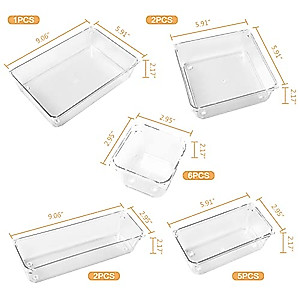Modern-Depo 16 PCS Plastic Drawer Organizer Storage Bins Clear Drawer Dividers Trays for Makeup, Jewelry, Kitchen Untensils, Gadgets, Office, 5 Sizes